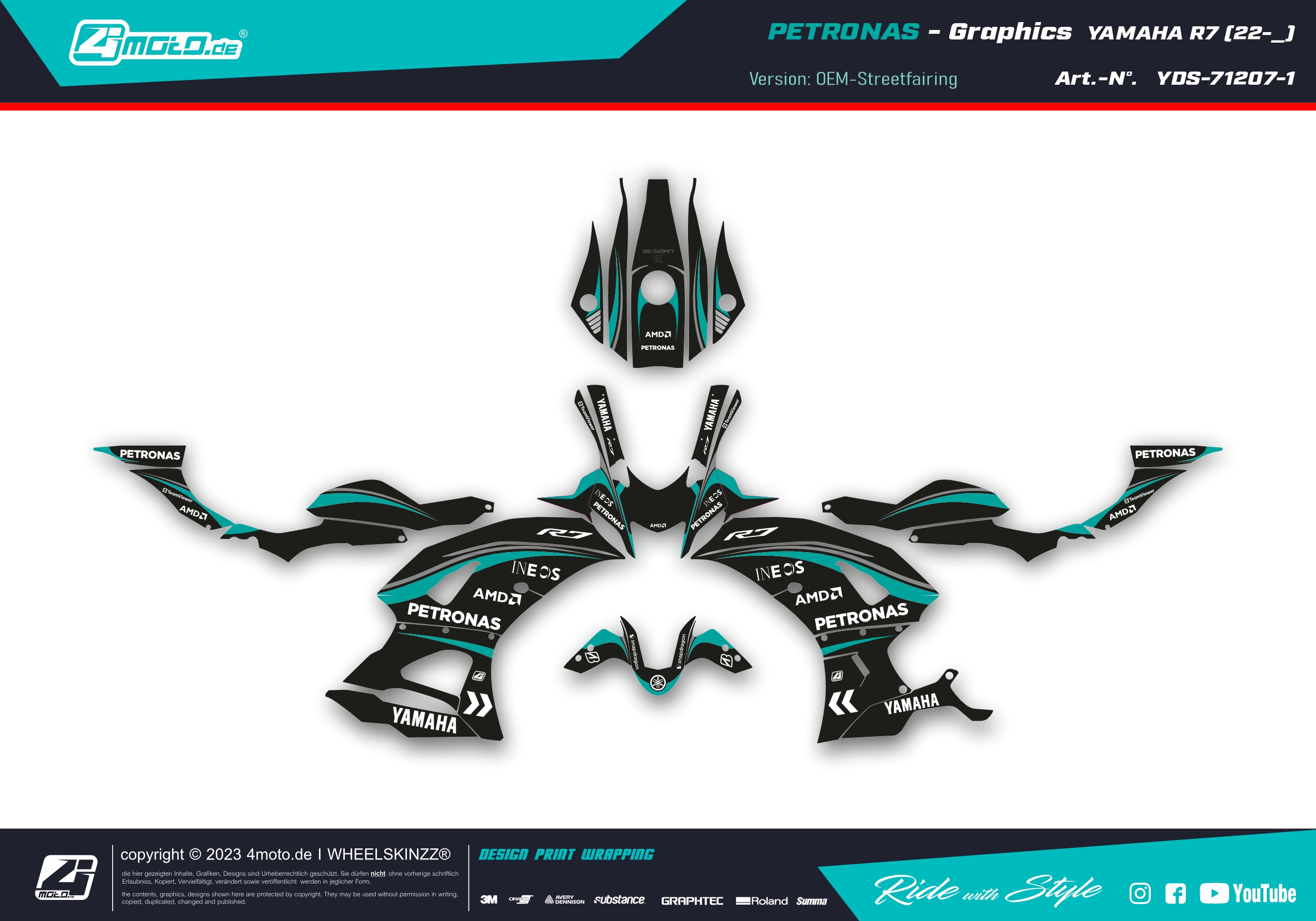 4moto® - YAMAHA R7 ab Bj. 2022- "PETRONAS" Dekor Stickerkit